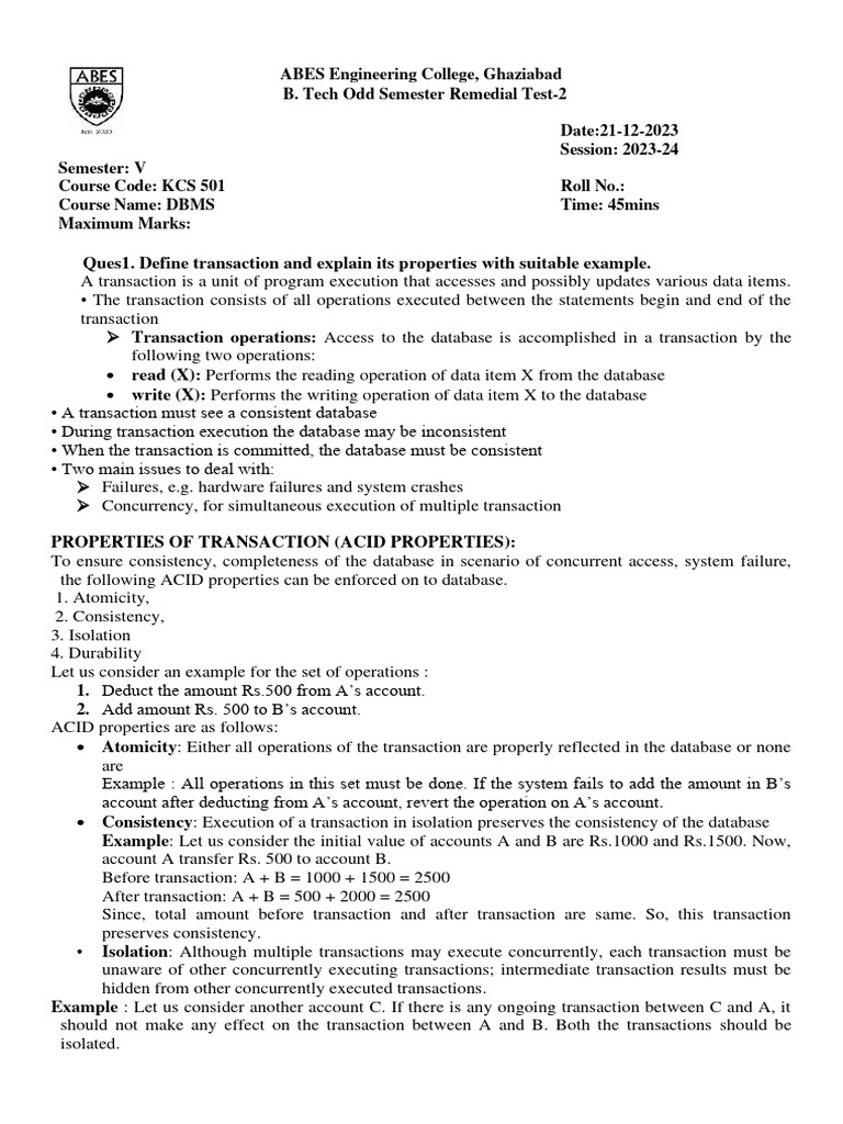 DBMS KCS501 21 12 2023 | PDF | Database Transaction | Acid DBMS KCS501 21 12 2023 | PDF | Database Transaction | Acid