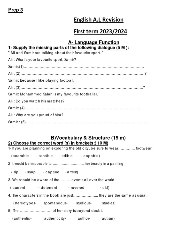 English A.L Revision: First Term 2023/2024 | PDF | Language Arts ...