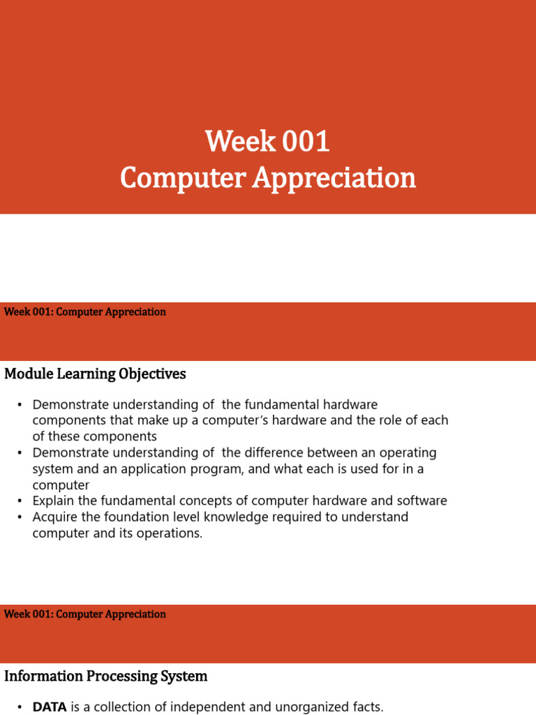 Week 1 - Computer Appreciation | PDF | Computer Data Storage | Printer (Computing)