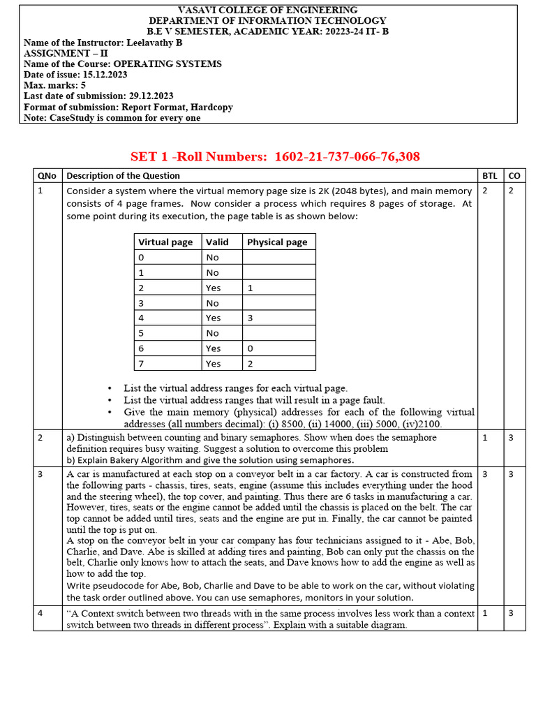 Operating System Assignment - II2023-24 - IT B V SEMESTER | PDF | Thread (Computing) | Computer ...