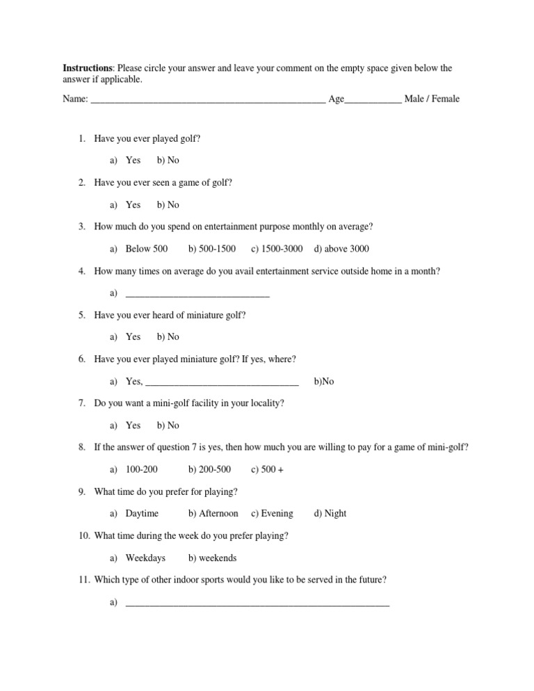 Mini-Golf Survey Questionnaire | PDF