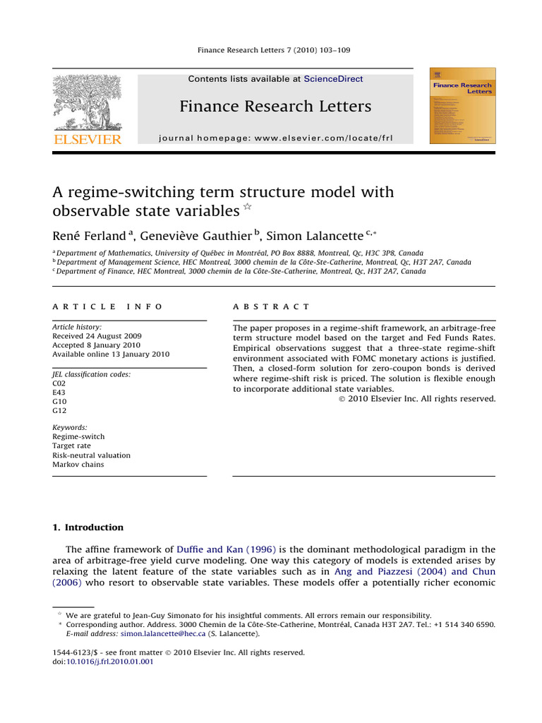 A Regime-Switching Term Structure Model With Observable State Variables | PDF