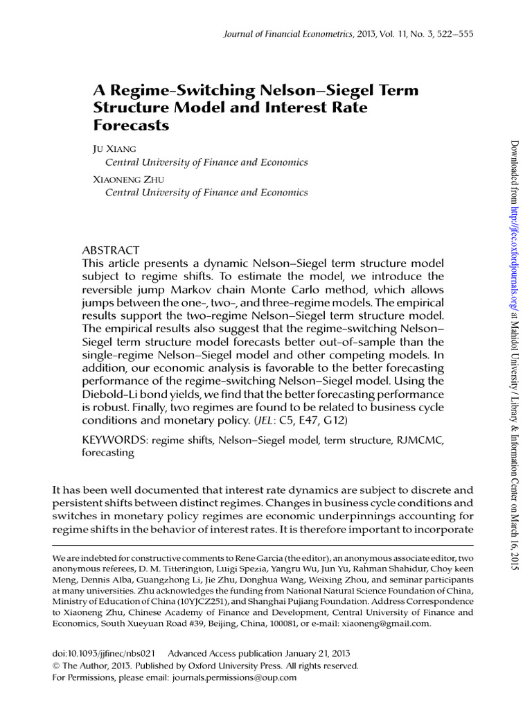 A Regime-Switching Nelson-Siegel Term Structure Model and Interest Rate Forecasts | PDF | Vector ...