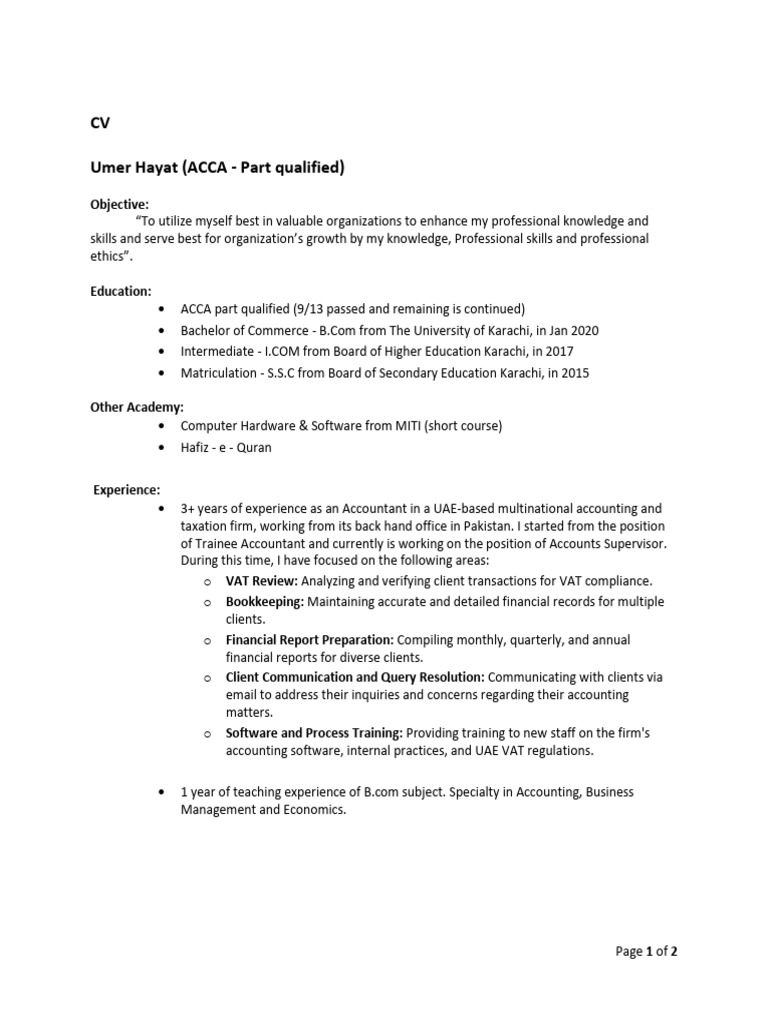 ACCA Part Qualified CV of Umer Hayat | PDF