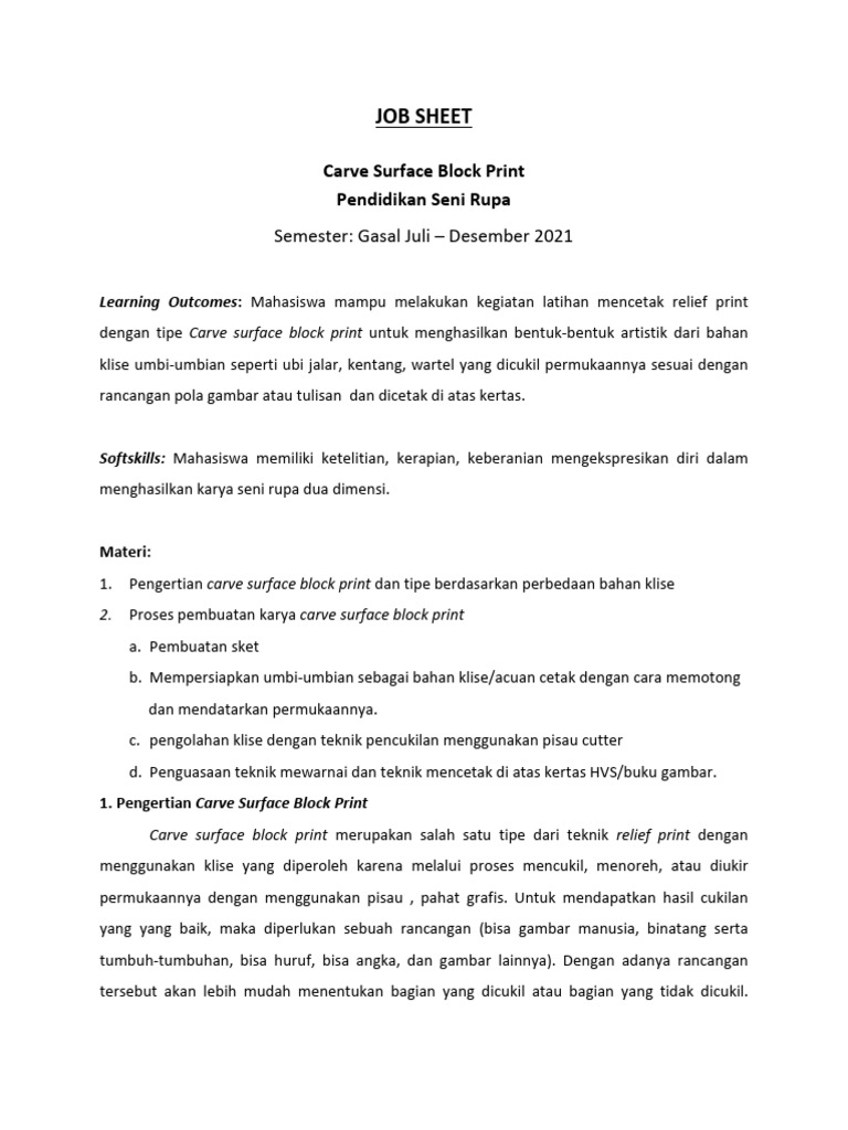 Job Sheet Carve Surface Block Print | PDF