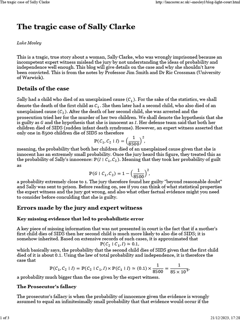Mosley - The Tragic Case of Sally Clarke | PDF | Odds | Probability And ...