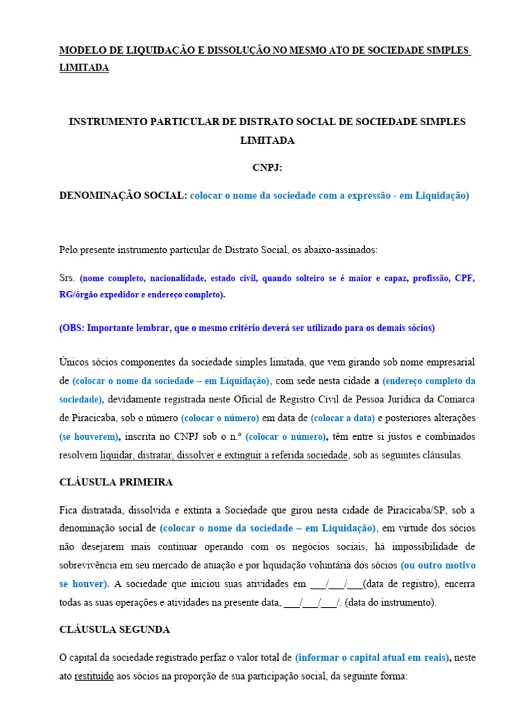 Modelo Distrato Social Liquidação e Dissolução No Mesmo Ato | PDF ...