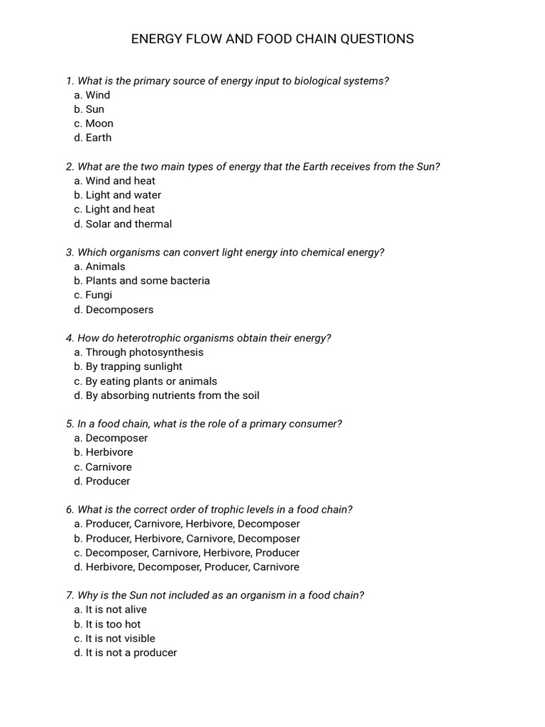 Energy Flow and Food Chain Questions | PDF