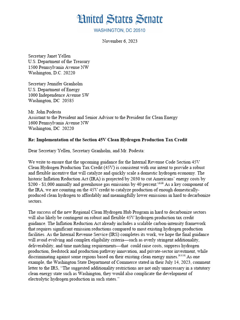 Senate Letter To Admin On 45V Hydrogen PTC | PDF