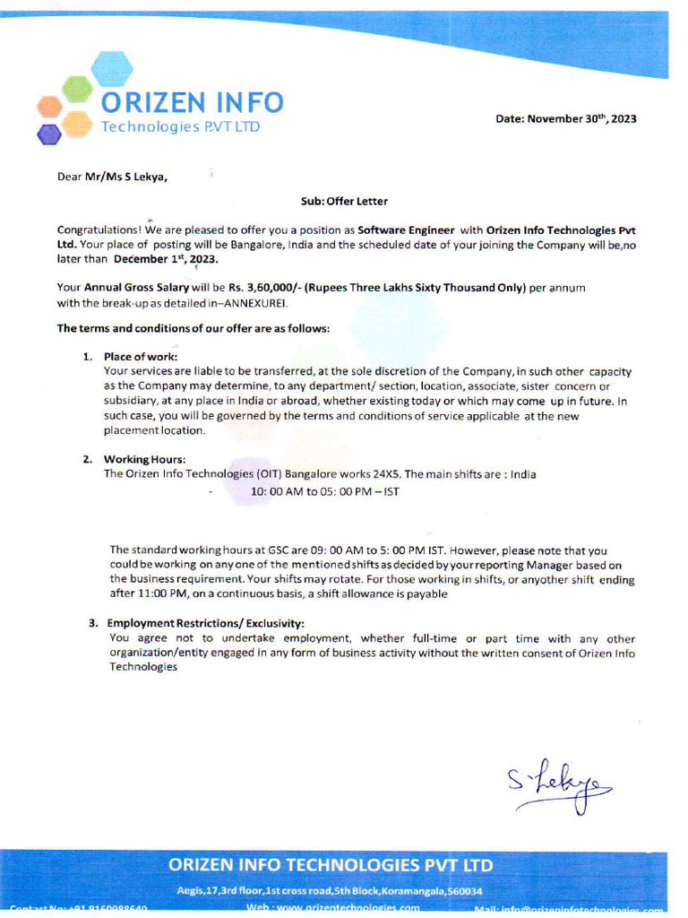 Offer Letter With Sign | PDF