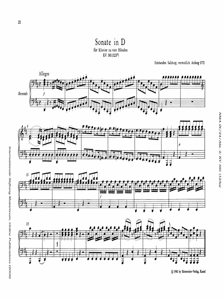 4hands - Mozart, Sonata in Re KV381 | PDF