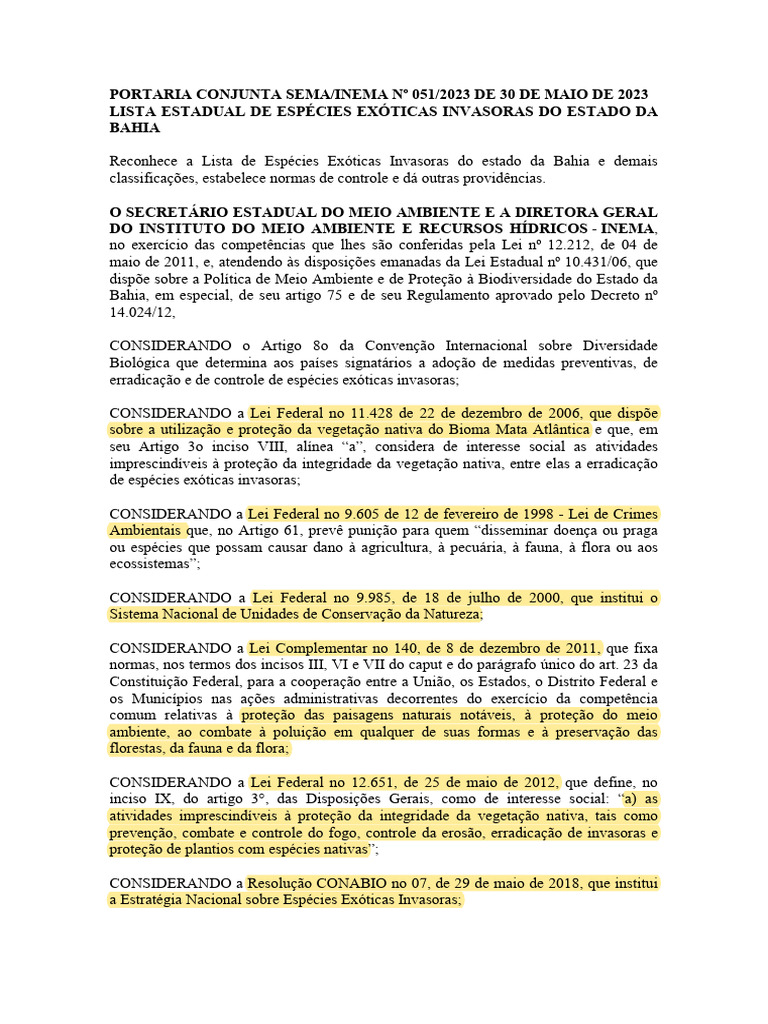Portaria Conjunta SEMA-INEMA n051-2023 Lista Estadual Especies Exoticas ...