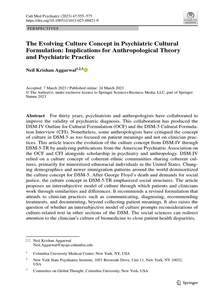 The Evolving Culture Concept in Psychiatric Cultural Formulation ...
