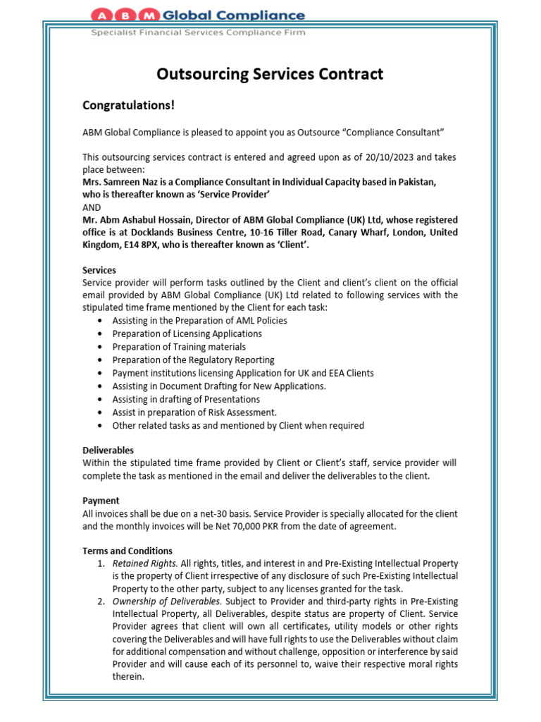 Samreen Naz - Compliance Outsourcing Contract | PDF