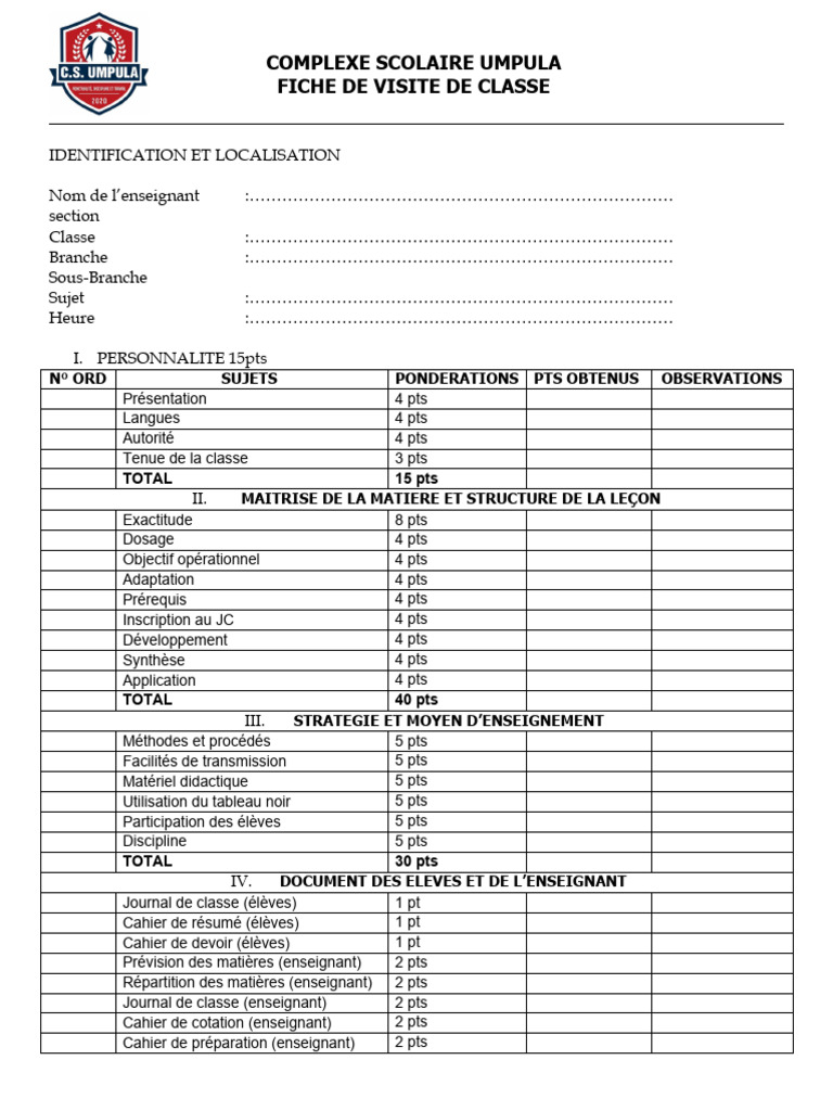 Fiche de Visite de Classe | PDF