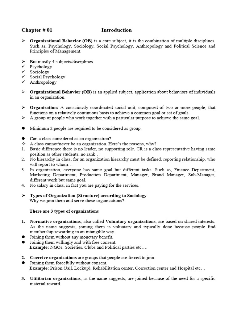 Organizational Behavior Chapter 1 and 2 Notes | PDF | Diversity ...