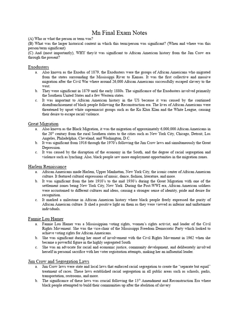 Final Exam Guide | PDF | Jim Crow Laws | Abolitionism In The United States
