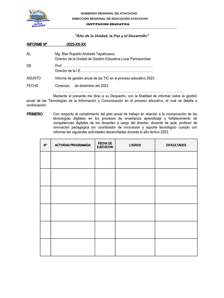 Formato Informe TIC 2023 | PDF | Maestros | Enseñando