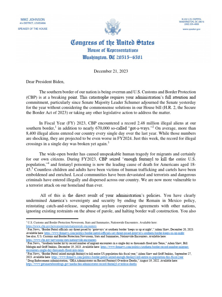 White House Letter From Speaker Johnson | Download Free PDF | U.S ...