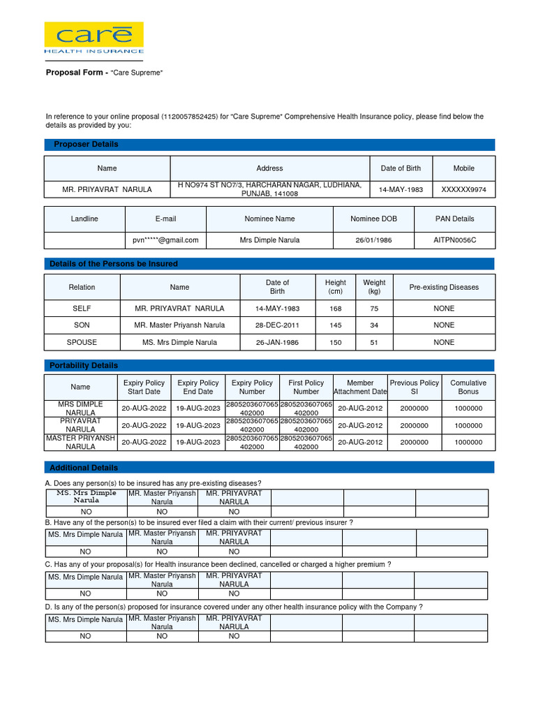 Proposal Form - : MS. Mrs Dimple Narula | PDF | Insurance | Underwriting