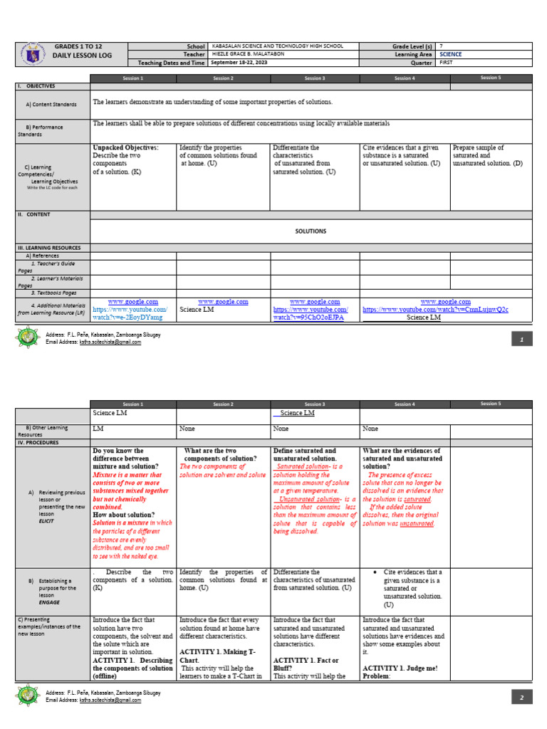DLL Science 7 Week 4 | PDF | Solubility | Mixture