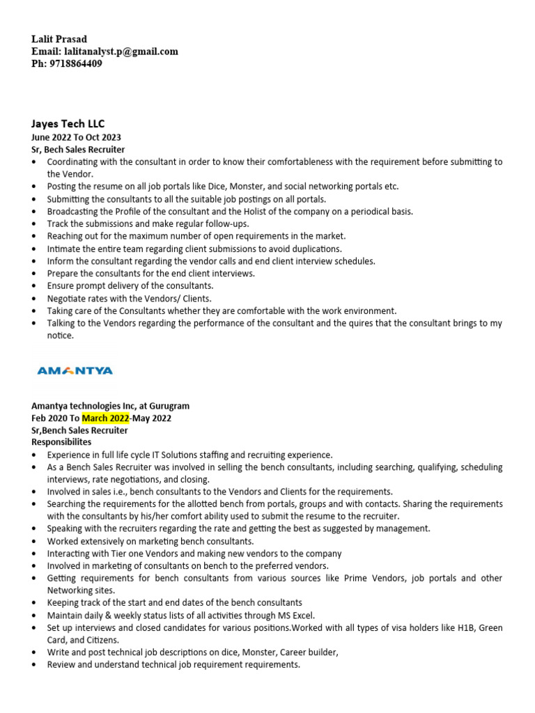 Sr. Bench Sales Recruiter Profile | PDF | Computer Network | World Wide Web