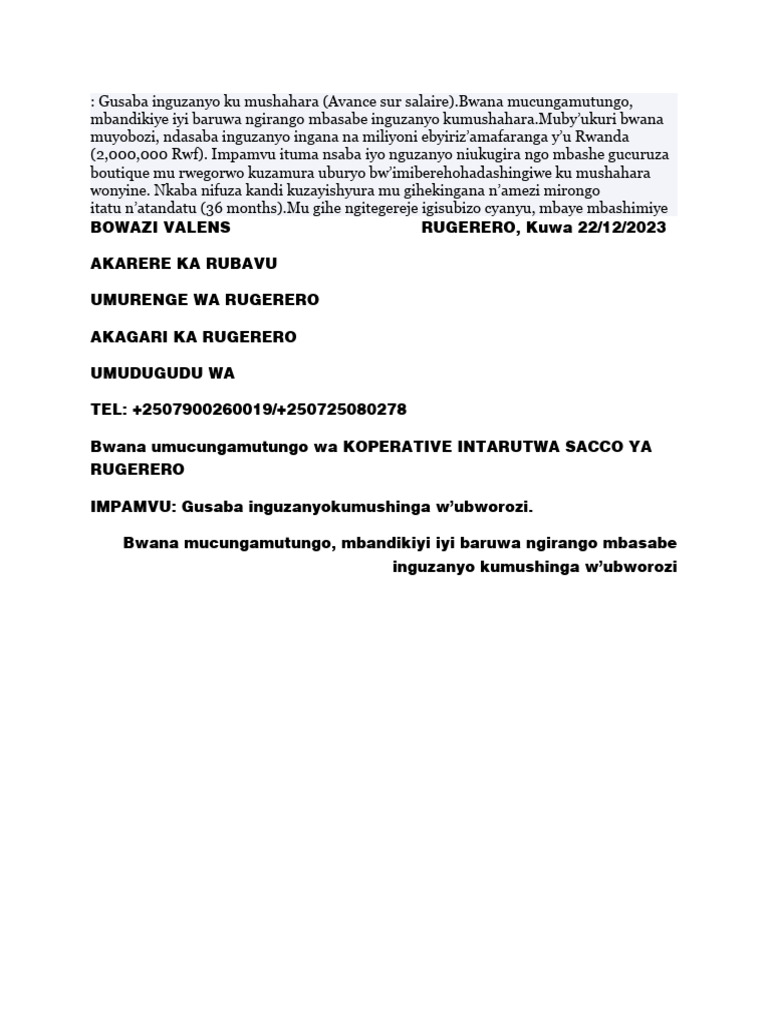 Ibaruwa yo Gusaba Inguzanyo ku Mushahara | PDF