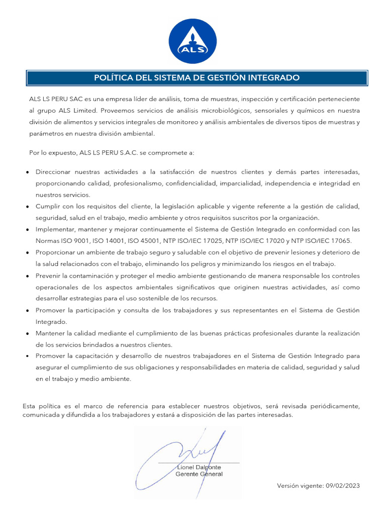 Peru Integrated Management System Policy | PDF | Calidad (comercial ...