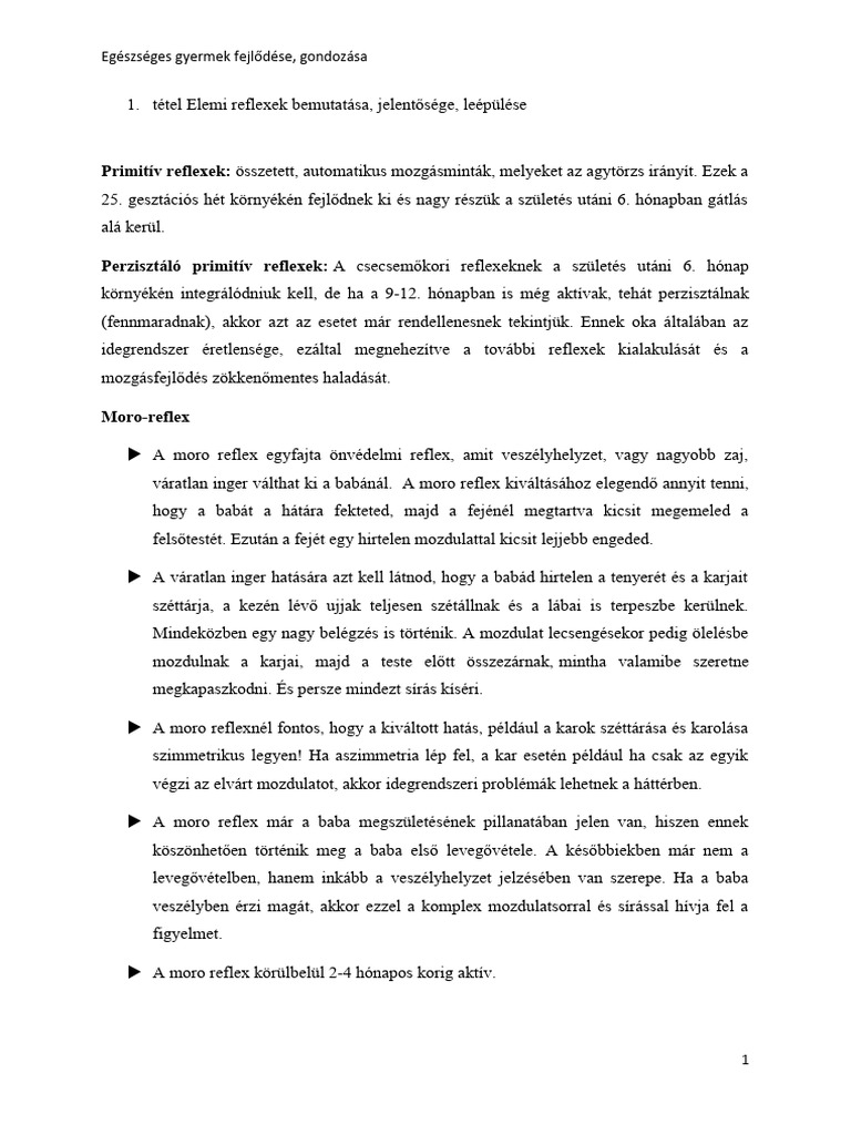 1.tétel Elemi Reflexek Bemutatása, Jelentősége, Leépülése | PDF