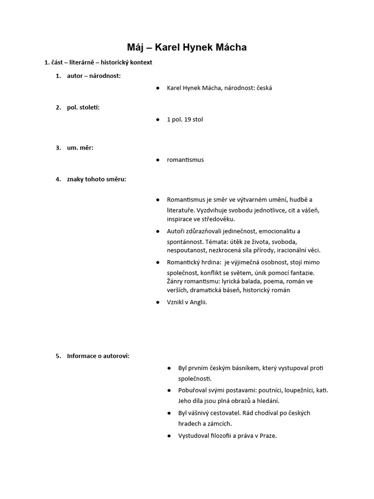 Máj - Karel Hynek Mácha: 1. Část - Literárně - Historický Kontext 1. Autor - Národnost | PDF