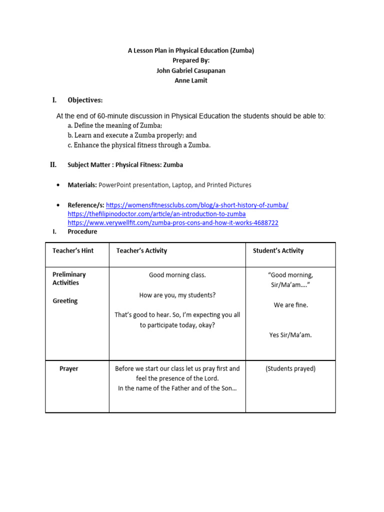 LESSON PLAN ZUMBA Group 10 BPED302 | PDF | Foot | Physical Fitness