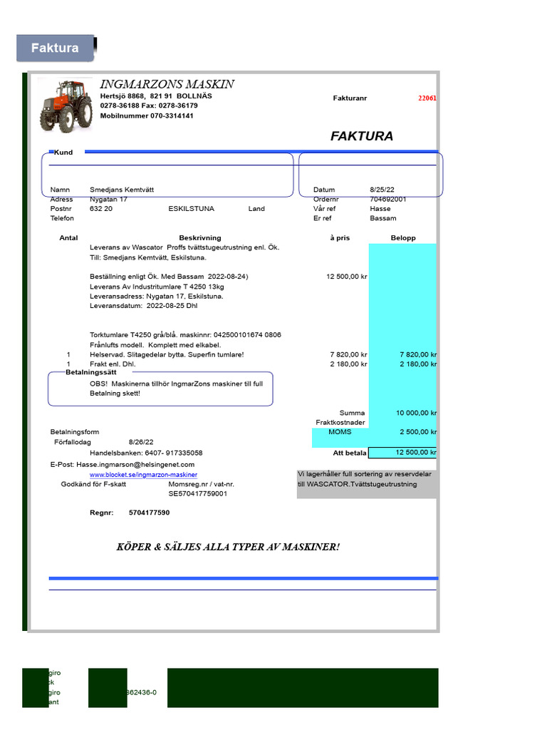 Faktura Från Ingmarzon Maskiner | PDF