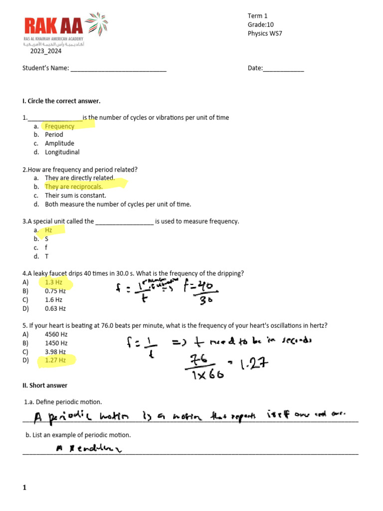 Grade 10 Physics Frequency Worksheet | PDF