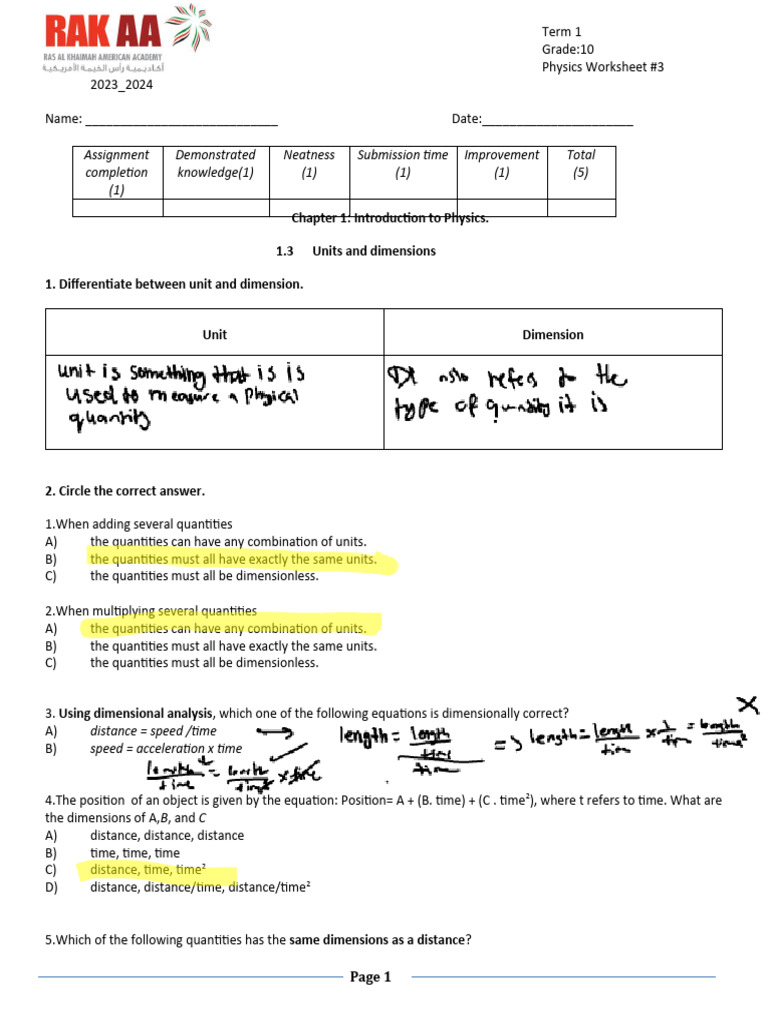 Grade 10 Physics Worksheet on Units | PDF | Physical Sciences ...