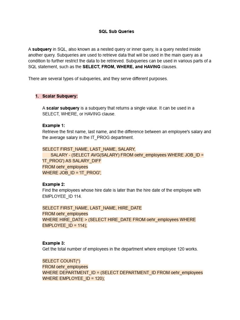SQL Sub Queries | PDF | Cybernetics | Computing SQL Sub Queries | PDF | Cybernetics | Computing