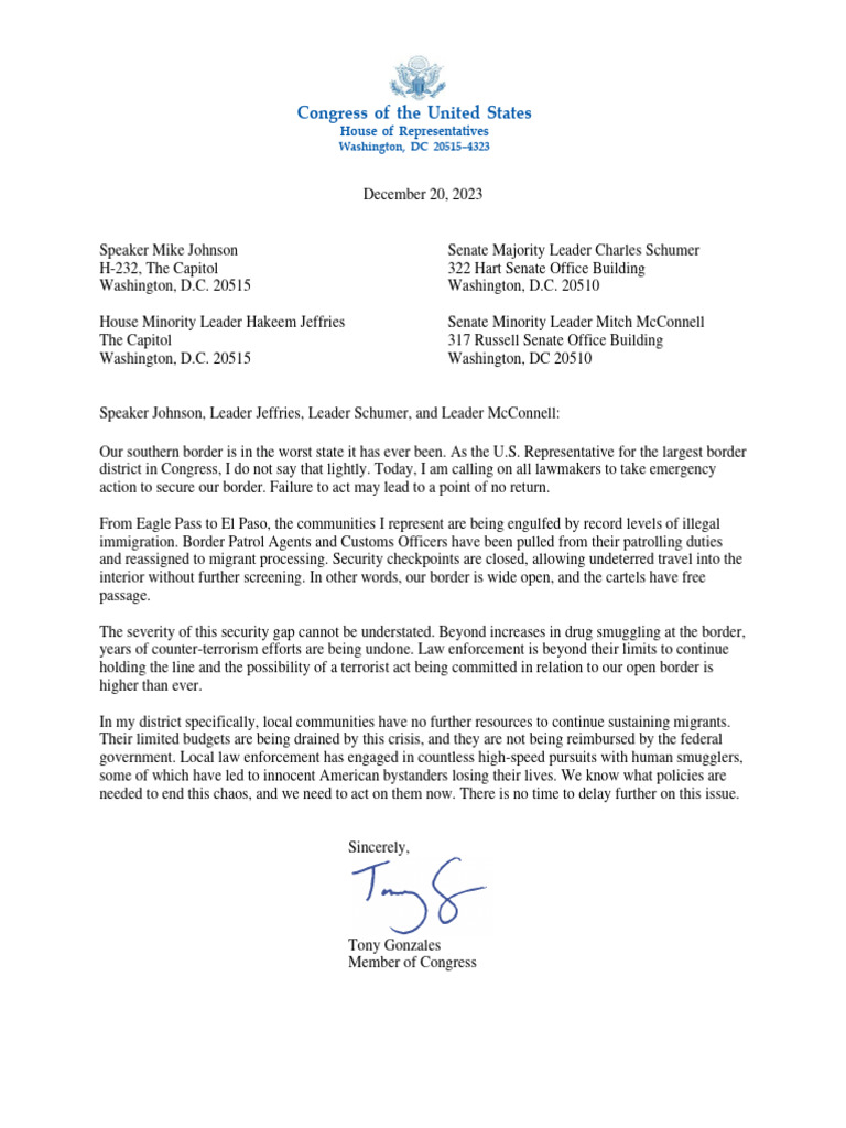 12.20.23 Four Corners Border Letter | PDF | United States House Of ...