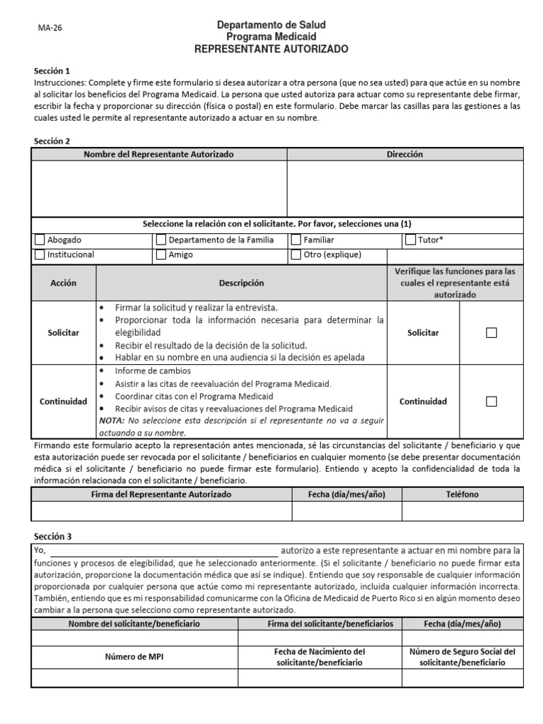 Formulario de Representante Autorizado MA-26 | PDF