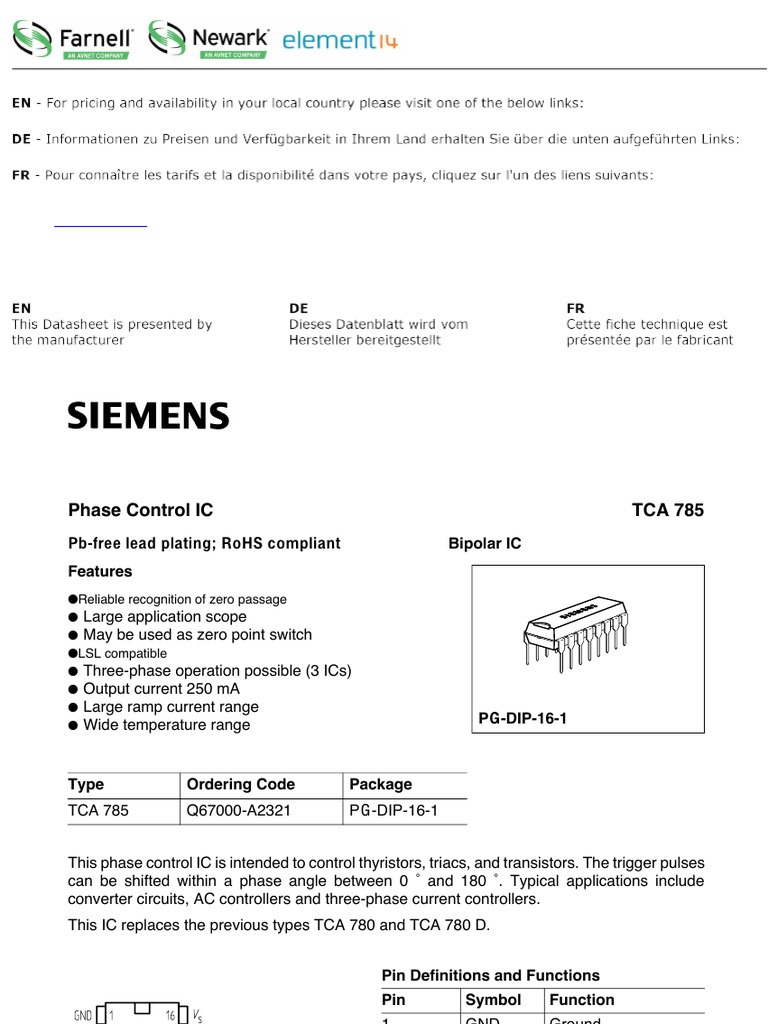 Tca 785 Datasheet | Download Free PDF | Electronic Circuits ...