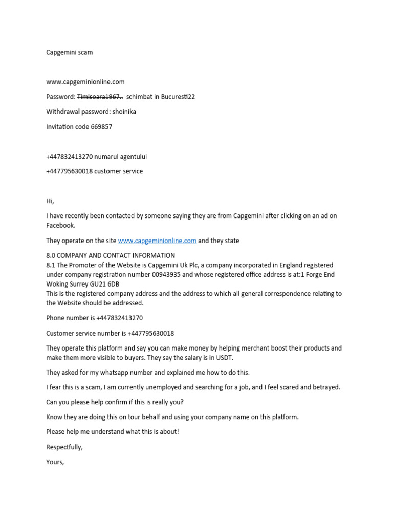 Capgemini Scam Inquiry and Concerns | PDF