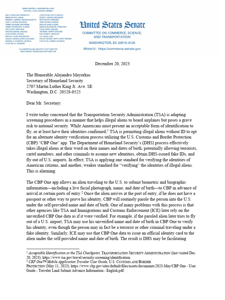 Sen. Cruz Letter to DHS Re IDs | PDF | U.S. Customs And Border ...