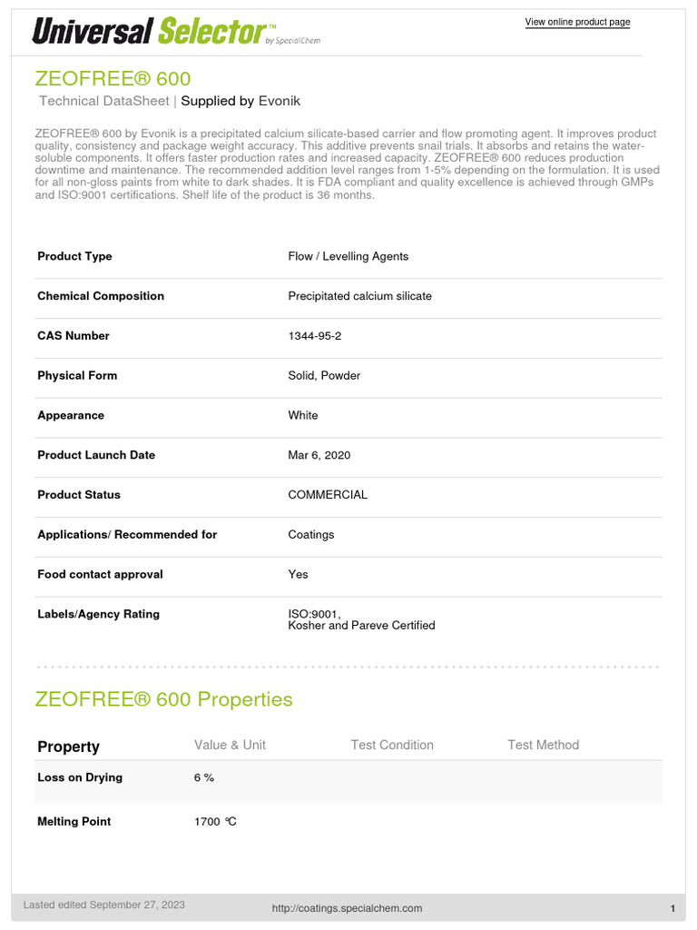 ZEOFREE® 600 - Evonik | PDF | Water | Density