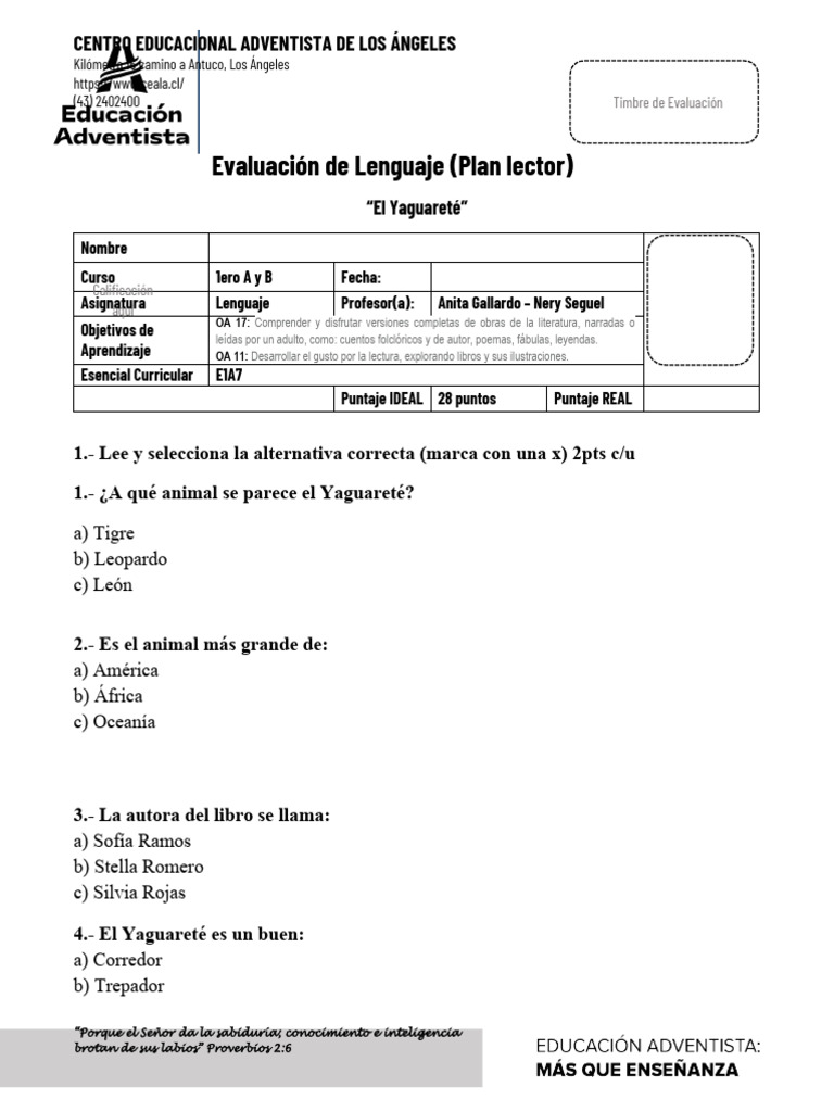 Prueba del Plan Lector El Yaguareté | PDF