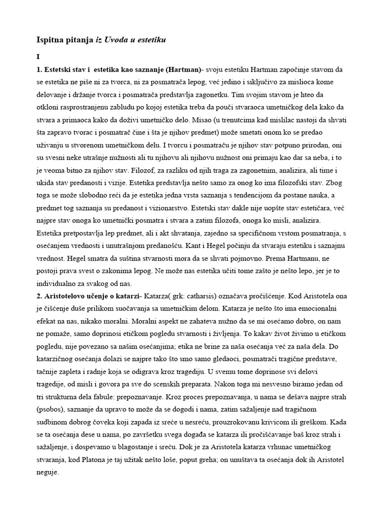 Skripta - Ispitna Pitanja - Uvod U Estetiku | PDF