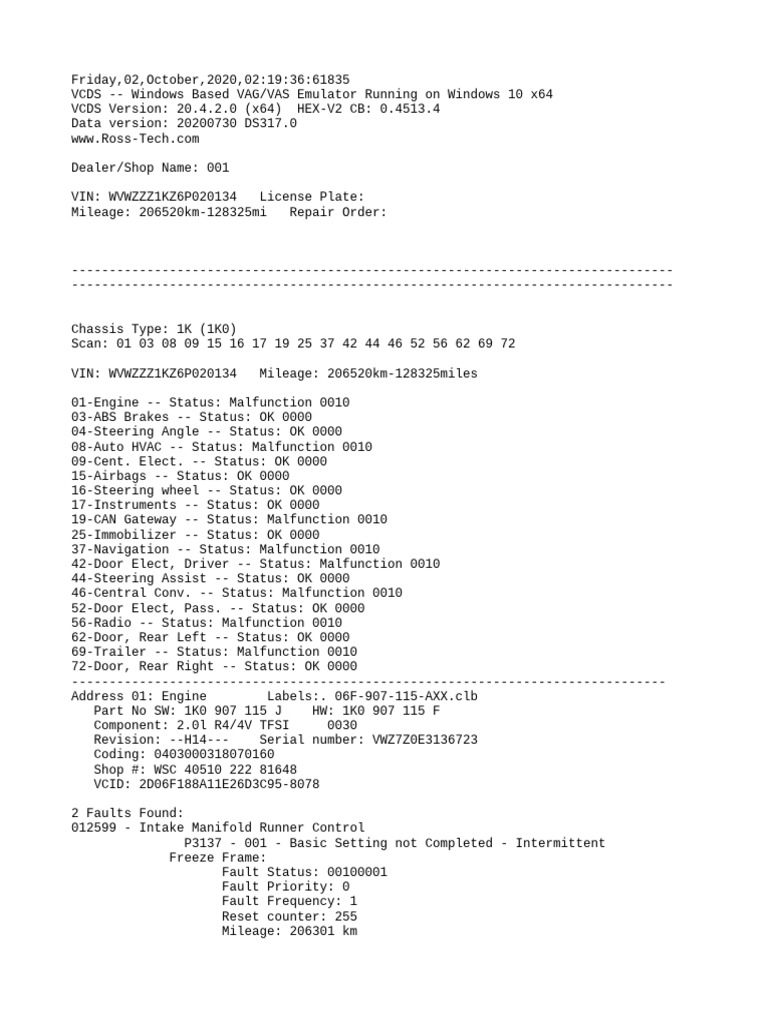 VCDS Diagnostic Report: Faults & Status | PDF | Car Body Styles | Vehicles
