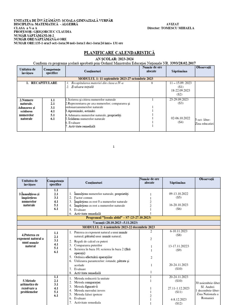 Planificare Matematica, Cls A V-A A | PDF