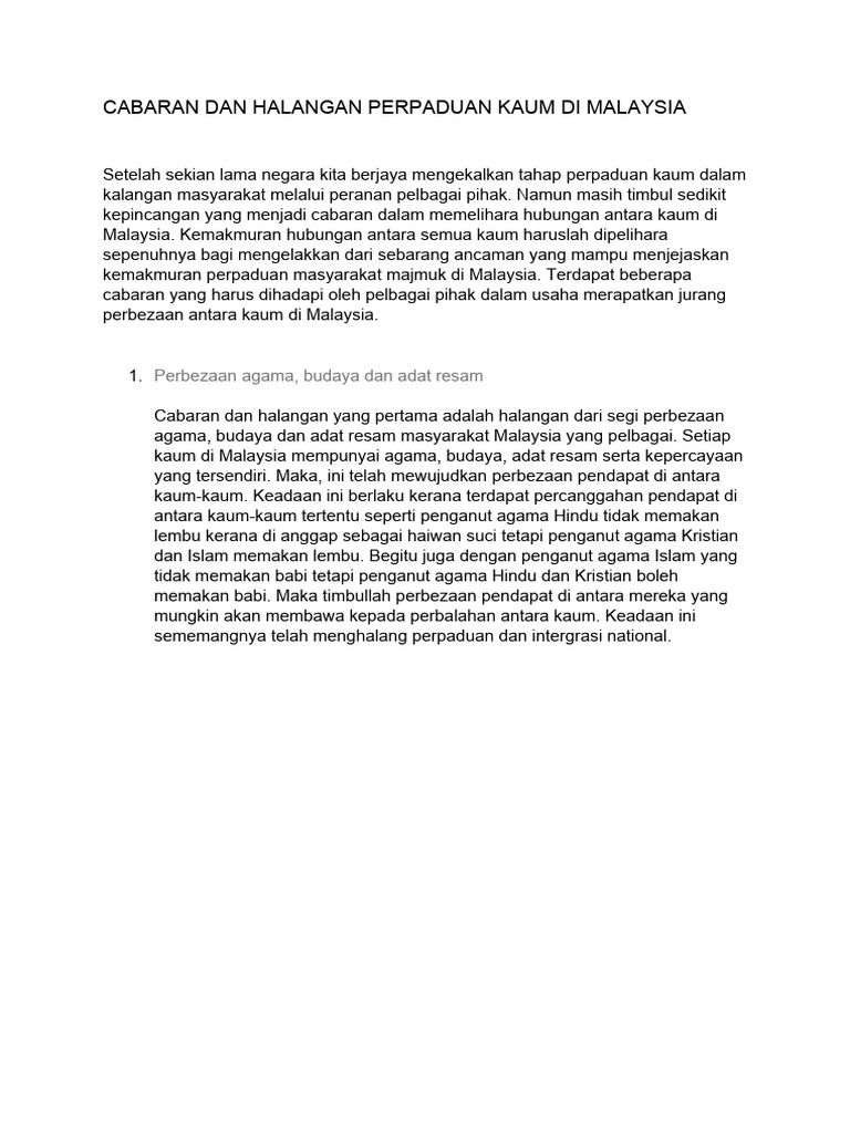 CABARAN DAN HALANGAN PERPADUAN KAUM DI MALAYSIA | PDF