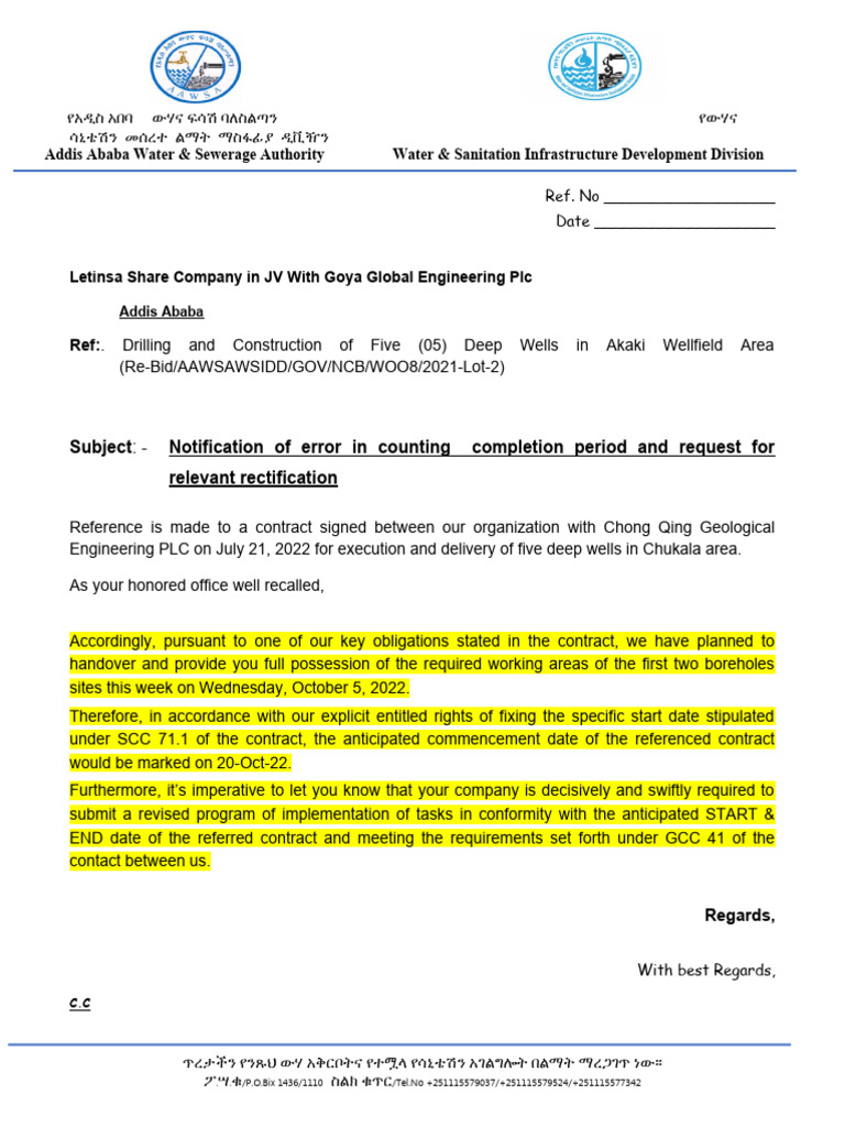 Notification of Error in Counting Completion Period and Request For ...
