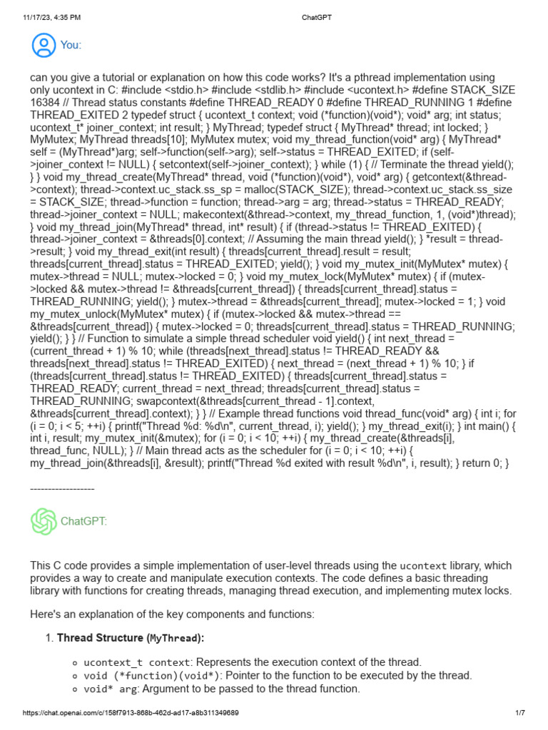 ChatGPT Pthread Code Walkthrough Ucontext Implementation and VM Set Up | PDF | Thread (Computing ...