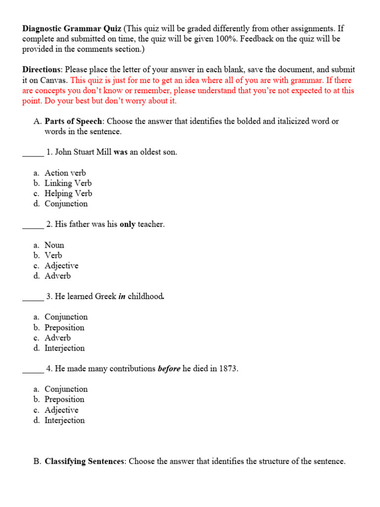 Diagnostic Grammar Quiz | PDF | Phrase | Linguistic Morphology