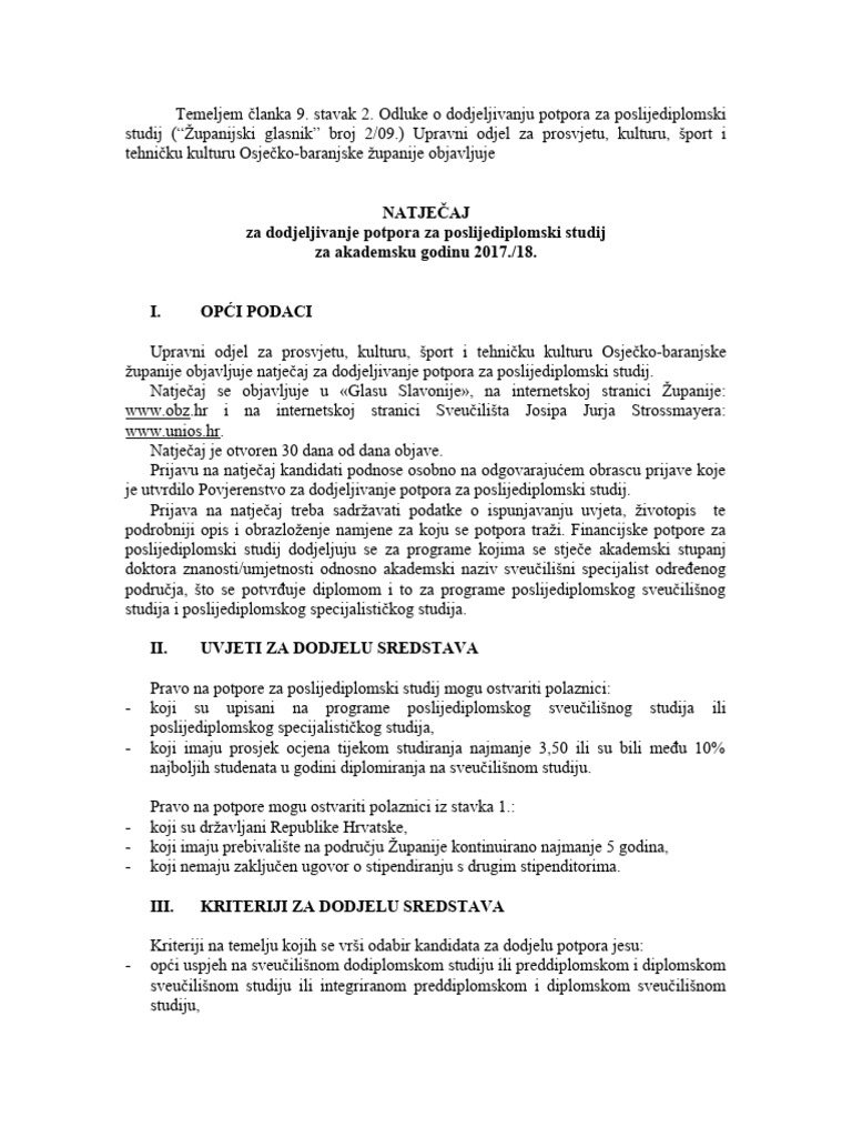 Natjecaj Za Dodjeljivanje Potpora Za Poslijediplomski Studij Za Akademsku Godinu 2017 | PDF